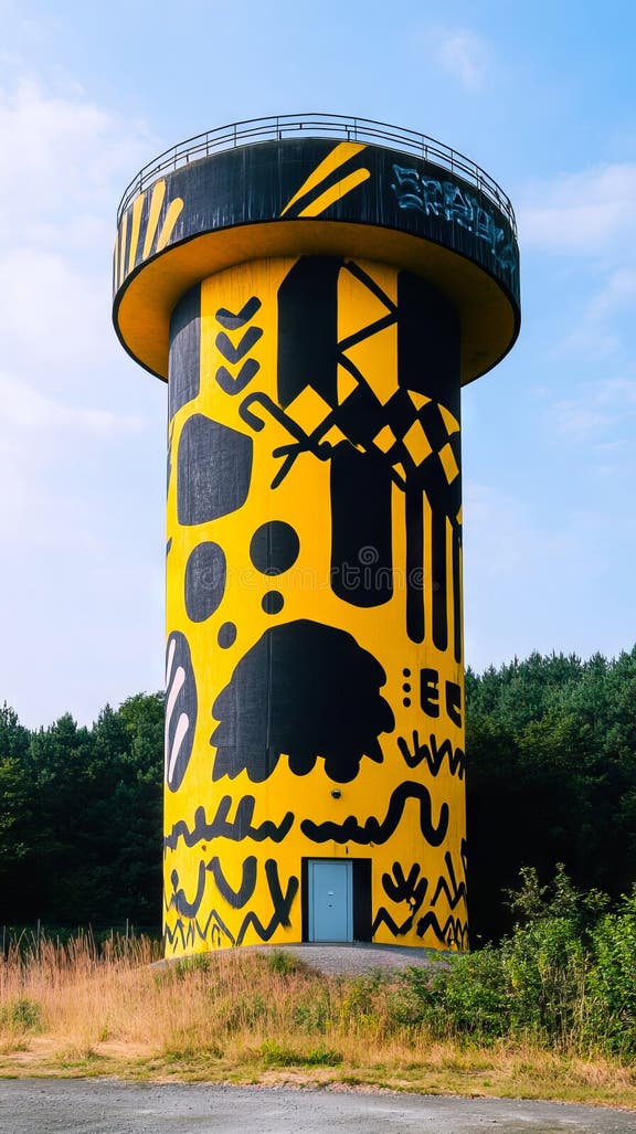 A Large Yellow and Black Water Tower with Graffiti on it Stock Image ...