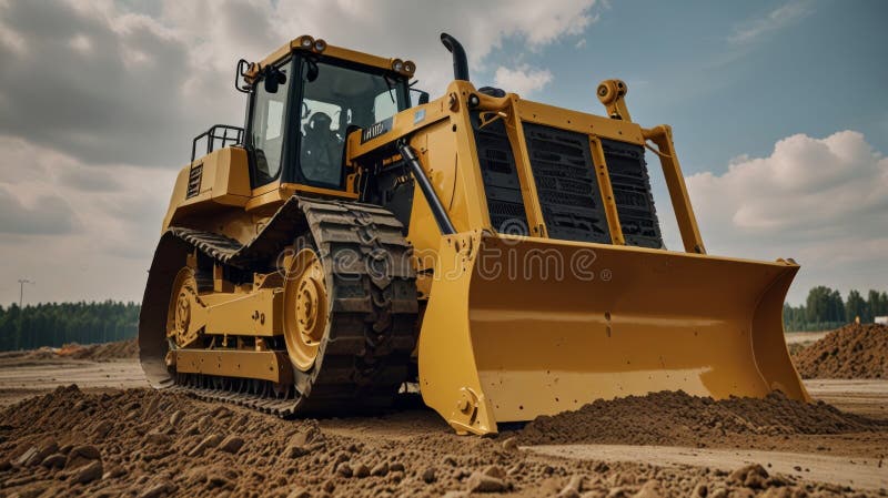 Large Yellow Bulldozer Captured from Low Angle on Construction Site ...