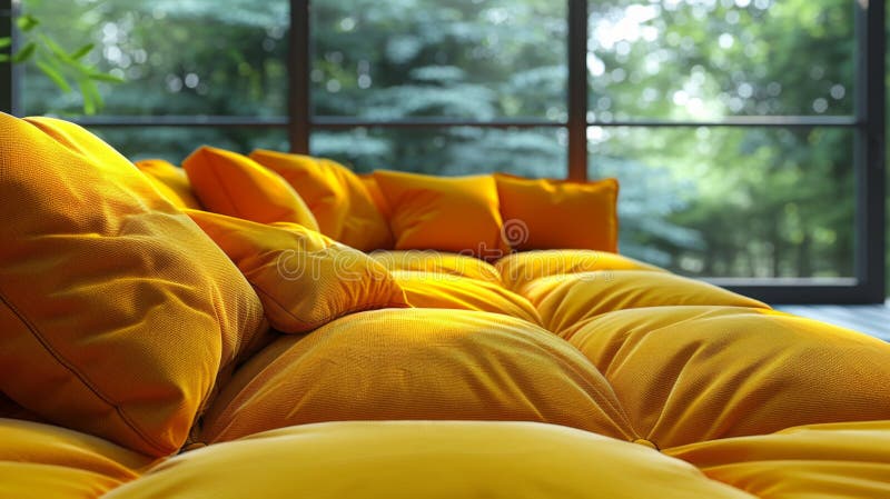 A Large Yellow Couch with Pillows in Front of a Window, AI Stock Photo ...