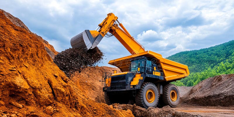A Large Yellow Dump Truck Driving Down a Dirt Road Stock Photo - Image ...