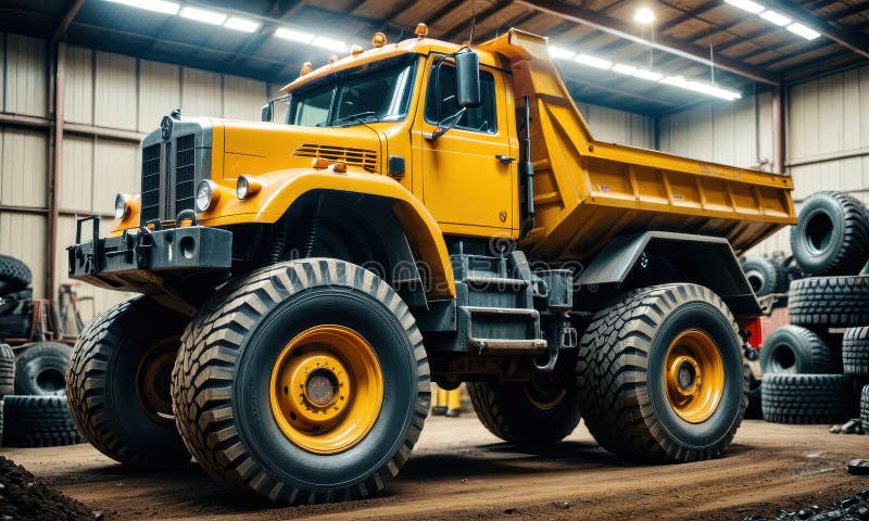 A Large Yellow Dump Truck is Parked Inside a Building Stock Photo ...