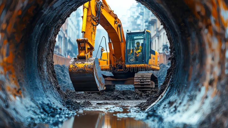A Large Yellow Excavator Working at an Urban Construction Site, Viewed ...