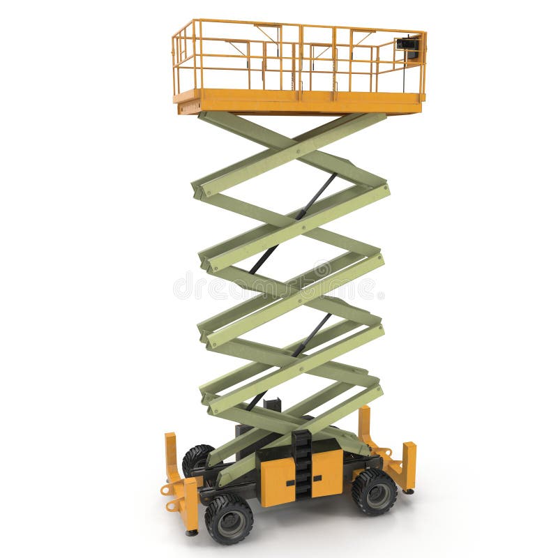 Large Yellow Extended Scissor Lift Platform On White. 3D Illustration ...