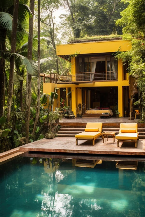 A Large Yellow House with a Swimming Pool in Front of it Surrounded by ...