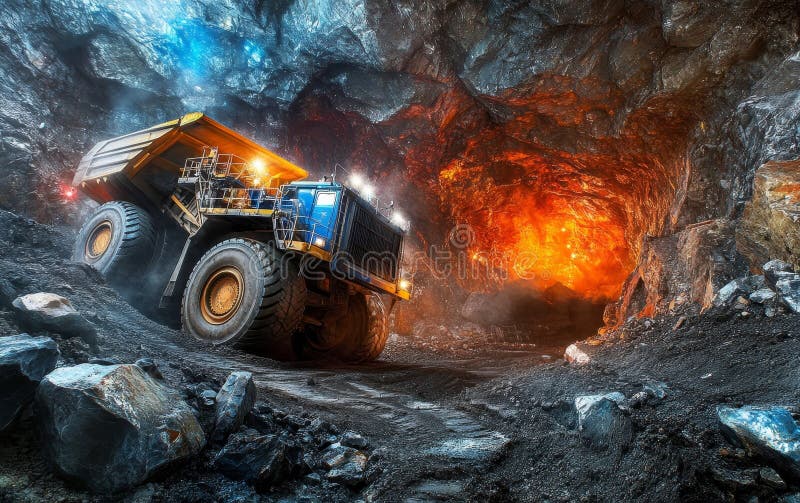 A Large Yellow Mining Truck Navigating through a Dramatically Lit ...