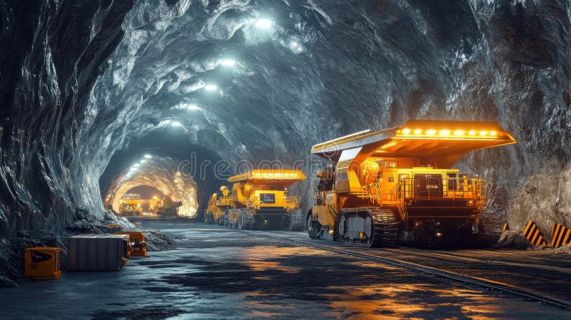 Large Yellow Mining Vehicles Inside a Rock Tunnel Stock Illustration ...