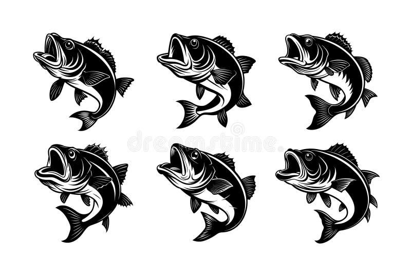 Largemouth Bass Fish Vector Silhouette Icon Set Stock Illustration ...
