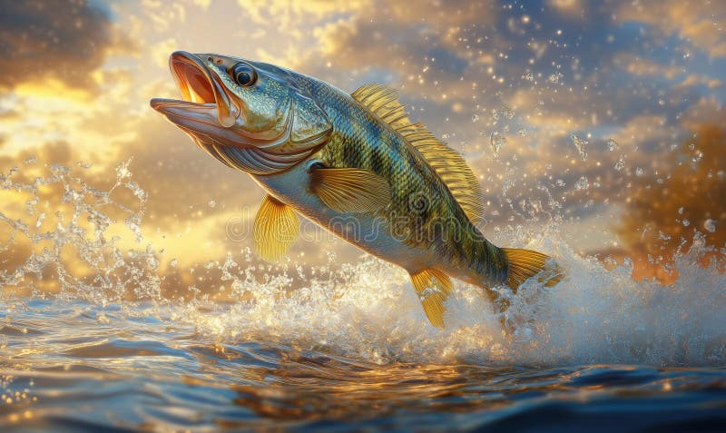 Largemouth Bass Jumping Out of Water at Sunset with Splashes and ...