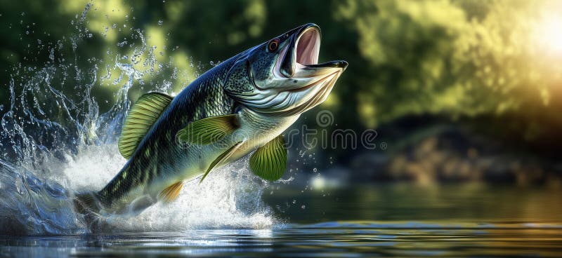 Largemouth Bass Leaping Out of Water Creating Splashes in Serene ...
