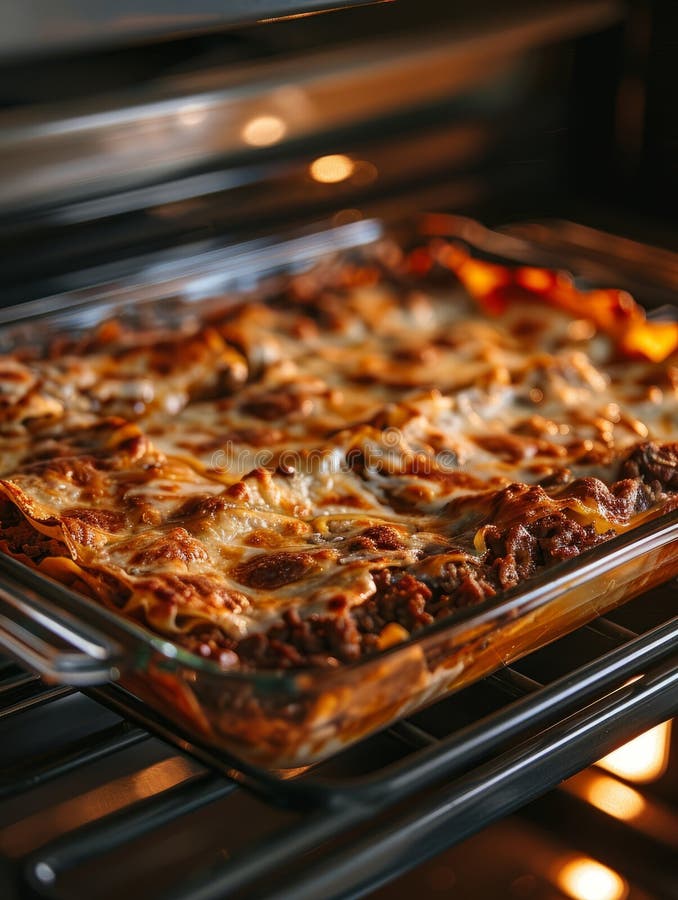 Lasagna Baking in an Oven with Melted Cheese and Golden Brown Topping ...