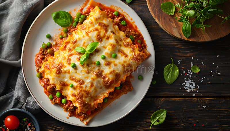 Lasagna with Minced Meat, Green Peas and Sauce. Top View Stock Photo ...