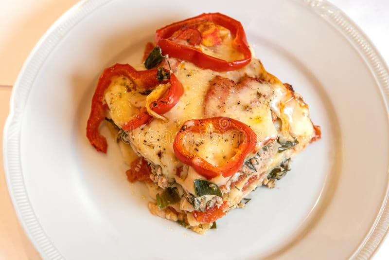 Lasagna Cut Piece on the White Plate. Stock Image - Image of plate ...