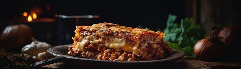 Lasagna on Stone Rustic Pub Wide Panoramic. Generative AI Stock ...