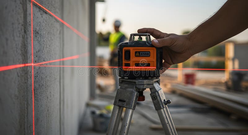 Precision at Work! a Construction Worker Uses a Laser Level To Ensure ...