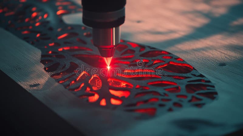 Laser Cutter Creating Intricate Designs on Wood during Evening Hours ...