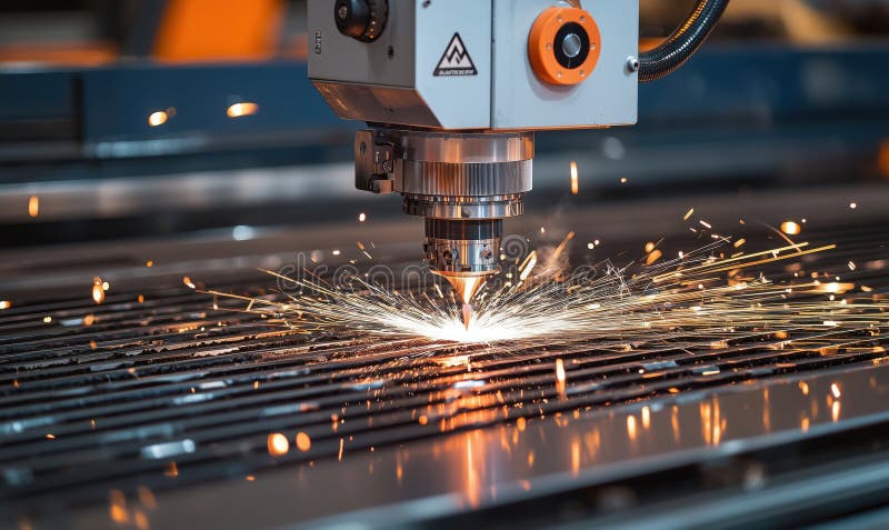 Laser Cutting Machine in Action Creating Sparks on Metal Sheet Surface ...