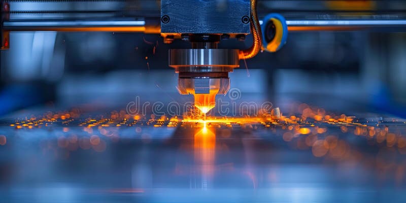 Laser Cutting Machine in Action with Glowing Orange Sparks and ...