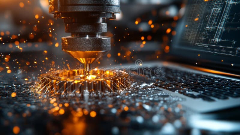 Laser Cutting Machine Creating Gear with Sparks and Fluid Stock ...