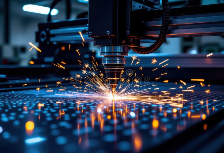 Laser Cutting Machine Creating Sparks in a Modern Workshop Environment ...