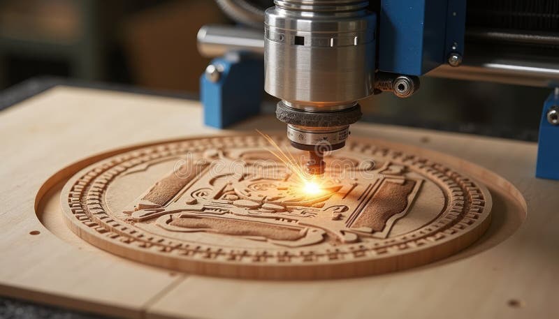 Laser Cutting Machine Engraves Detailed Design on Wood Panel. Modern ...