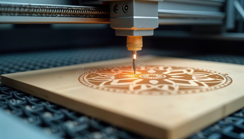 Laser Cutting Machine Engraves Intricate Mandala Design on Wooden Plank ...