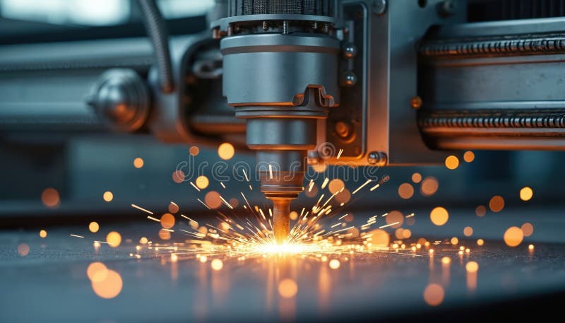 Laser Cutting Machine Processing Metal Sheet. Sparks Fly, Reflecting Industrial Tech, Precision ...