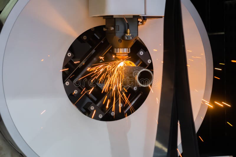 Laser Cutting Machine Working with Cylindrical Metal Workpiece with ...