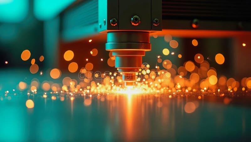 Laser Cutting Process Creating Sparks in a Workshop during Evening ...