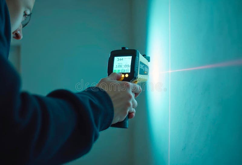 Laser Distance Measurer Projecting Red Lines on Wall Surface Stock ...
