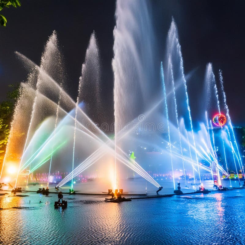 Laser Light Show with the Fountain Stock Photo - Image of scenic, light ...