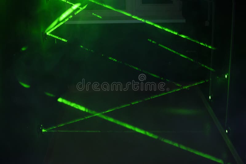 Laser Lights Lines on Dark in Misty Room Stock Photo - Image of ...