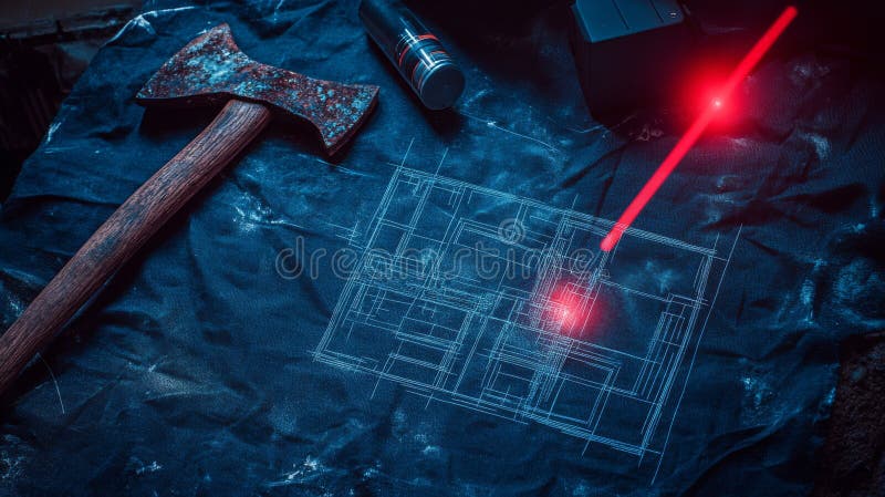 Laser Marking Blueprint Next To Axe on Dark Work Surface Stock Image ...
