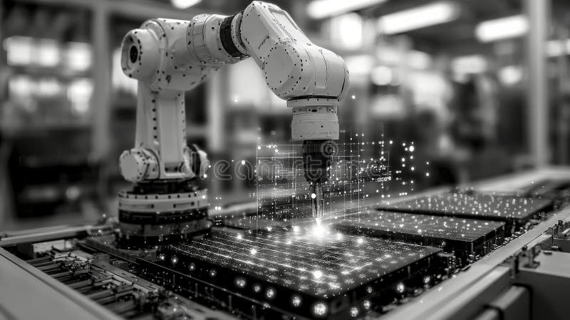 Laser Precision of White Robot on Circuit in Process Stock Illustration ...