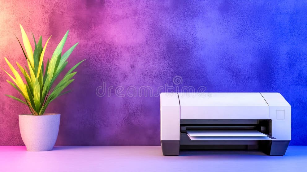 Laser Printer Printing Documents in a Modern Office with Neon Lights ...