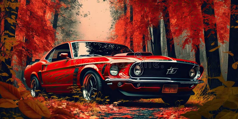 Laser Red Muscle Car in Fall Forest. Stock Illustration - Illustration ...