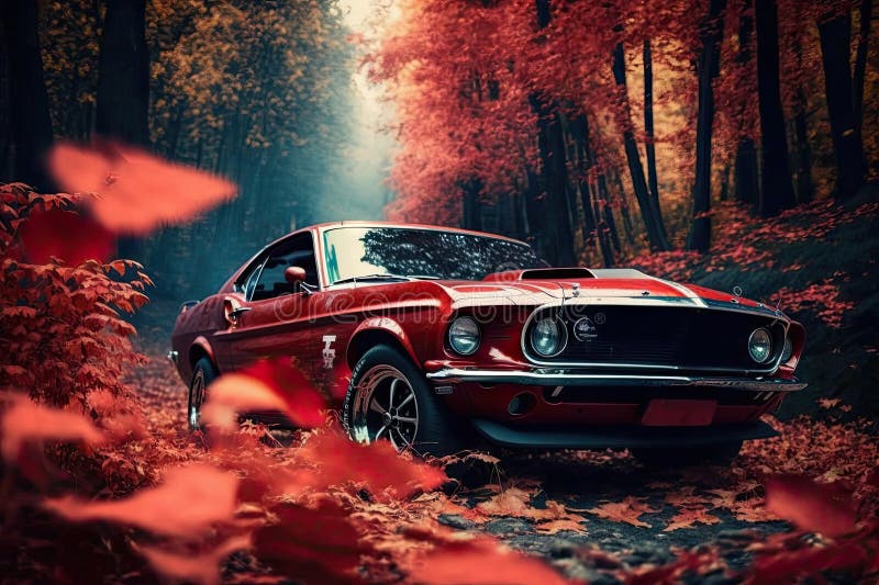 Laser Red Muscle Car in Fall Forest. Stock Illustration - Illustration ...