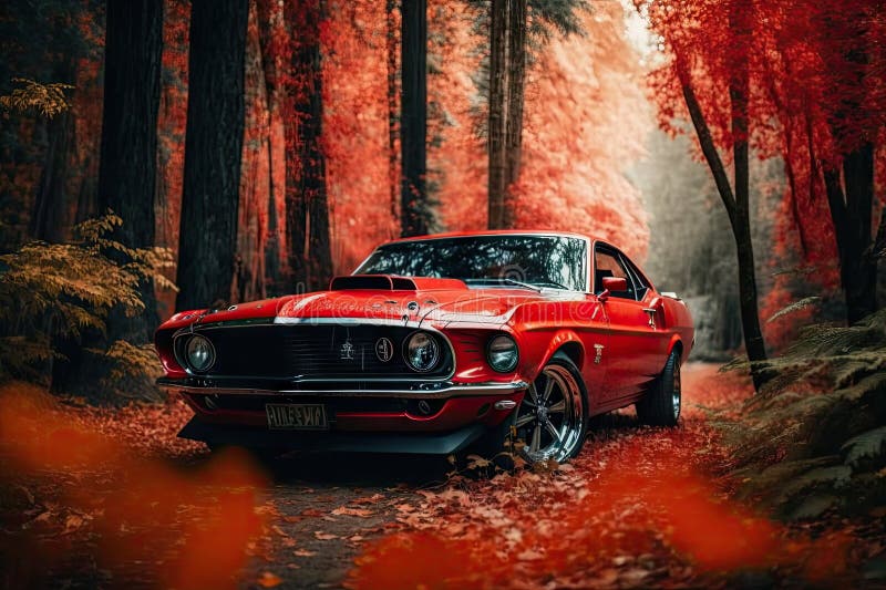 Laser Red Muscle Car in Fall Forest. Stock Illustration - Illustration ...
