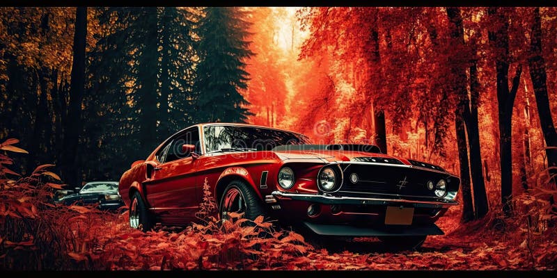 Laser Red Muscle Car in Fall Forest. Stock Photo - Image of forest ...