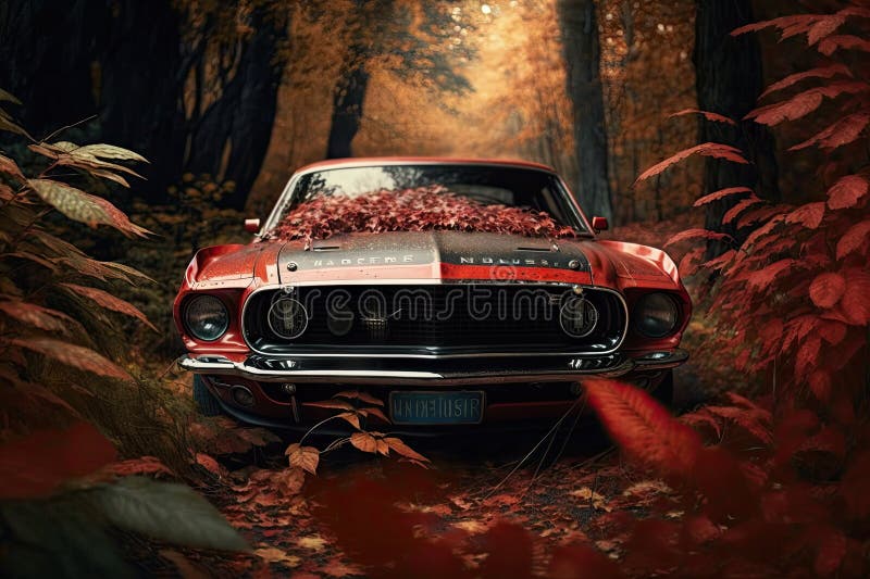 Laser Red Muscle Car in Fall Forest. Stock Illustration - Illustration ...