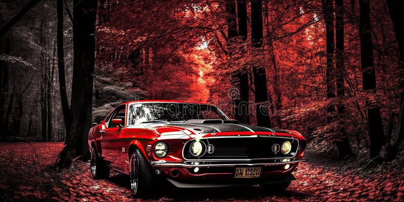 Laser Red Muscle Car in Fall Forest. Stock Photo - Image of street ...