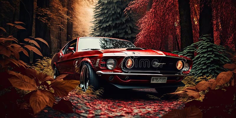 Laser Red Muscle Car in Fall Forest. Stock Illustration - Illustration ...