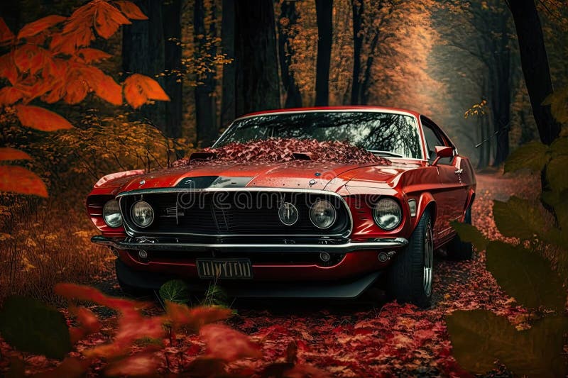Laser Red Muscle Car in Fall Forest. Stock Illustration - Illustration ...