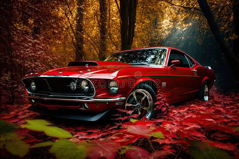 Laser Red Muscle Car in Fall Forest. Stock Illustration - Illustration ...