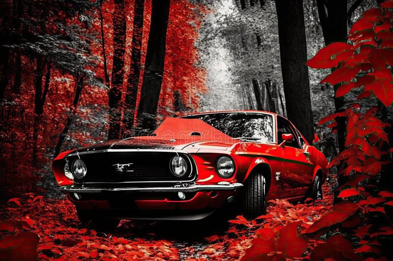 Laser Red Muscle Car in Fall Forest. Stock Illustration - Illustration ...