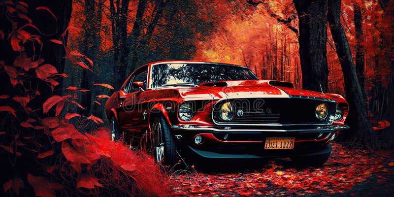 Laser Red Muscle Car in Fall Forest. Stock Illustration - Illustration ...