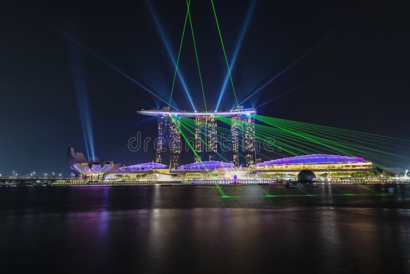 Laser Show on Singapore Skyline at Night Stock Image - Image of ...