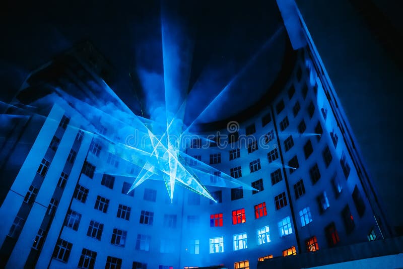 Laser Show on Wall of Multistory Building Stock Photo - Image of ...