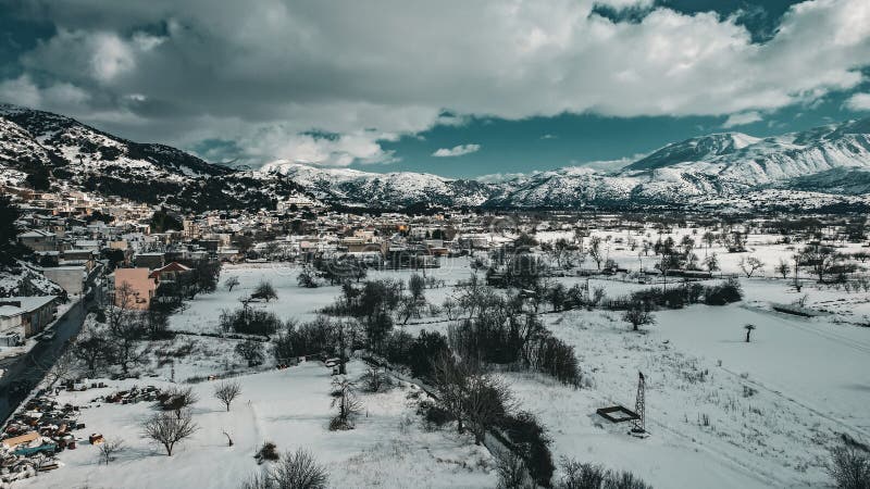 Lasithi Plateau in Winter with a View of the Snow Stock Image - Image ...