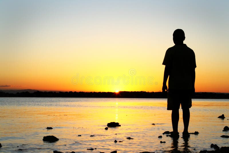 Man in Contemplation, Sunset Stock Photo - Image of accomplishment ...