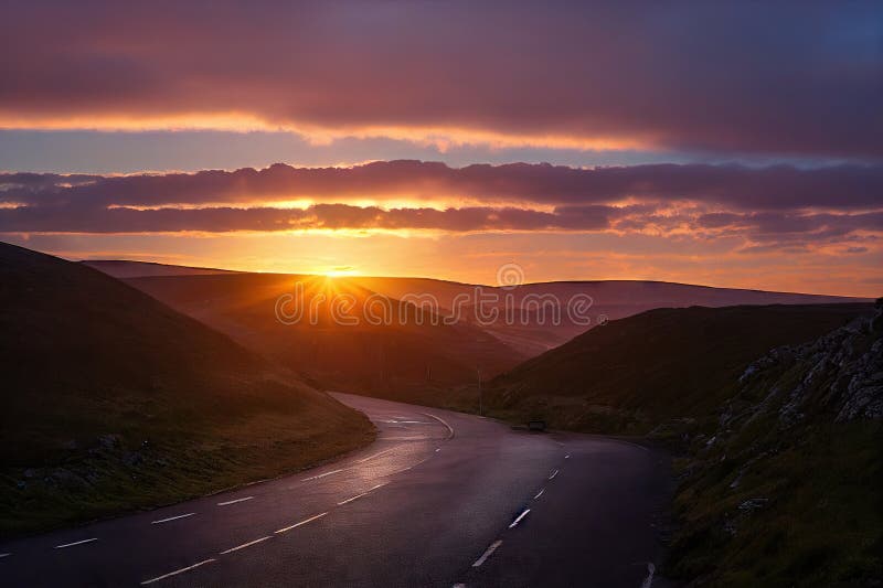 Last Sunset Rays Illuminating Empty Road Beyond Horizont Stock ...